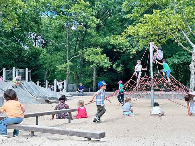 Open spaces invite kids to run wild, while that climbing pyramid in the background promises adventures for the brave.