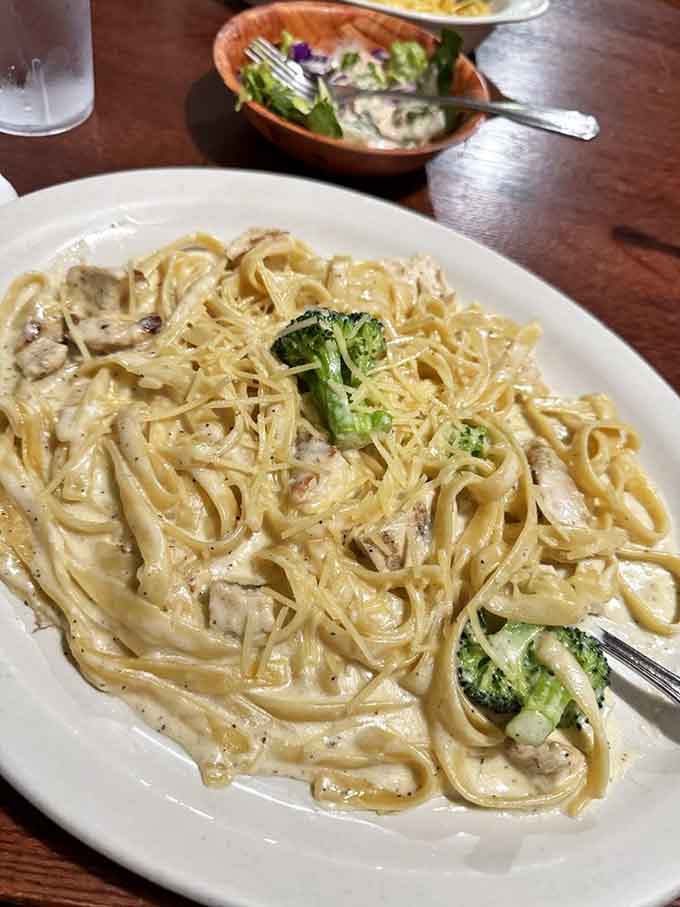 Creamy pasta Alfredo with broccoli, because even barbecue joints understand you can't live on meat alone forever.