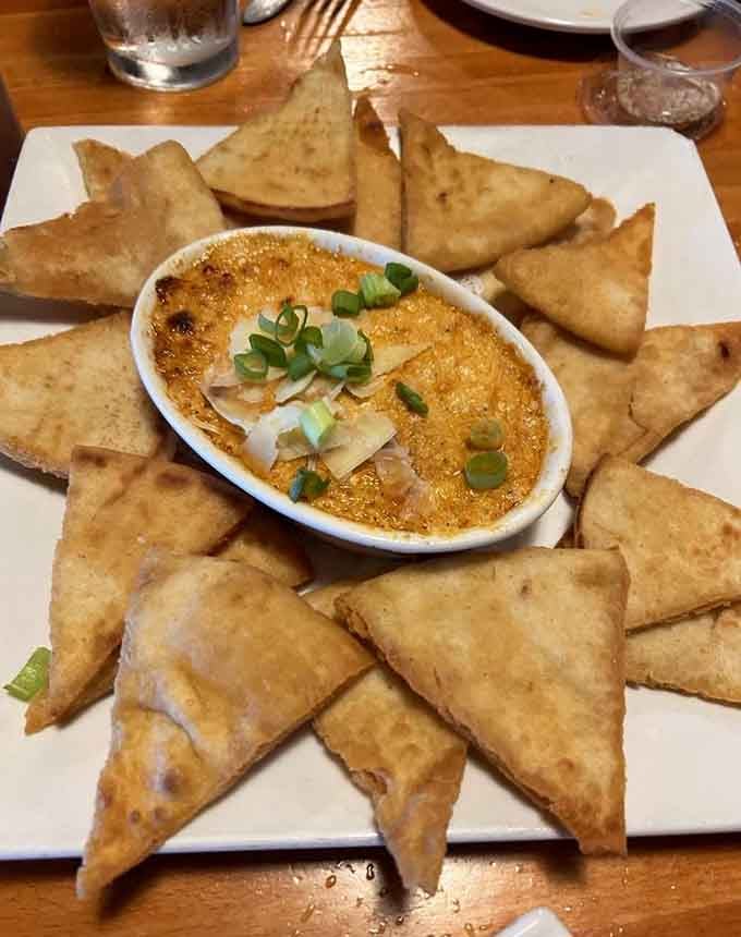 That blue crab dip surrounded by crispy wontons is basically a warm, cheesy hug from the Atlantic Ocean itself.