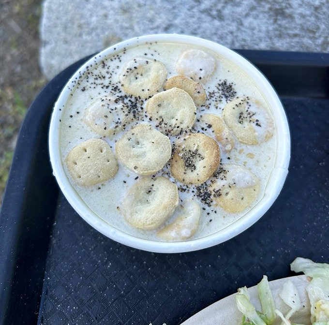 Creamy chowder dotted with oyster crackers and black pepper, comfort in a cup that warms you inside out.