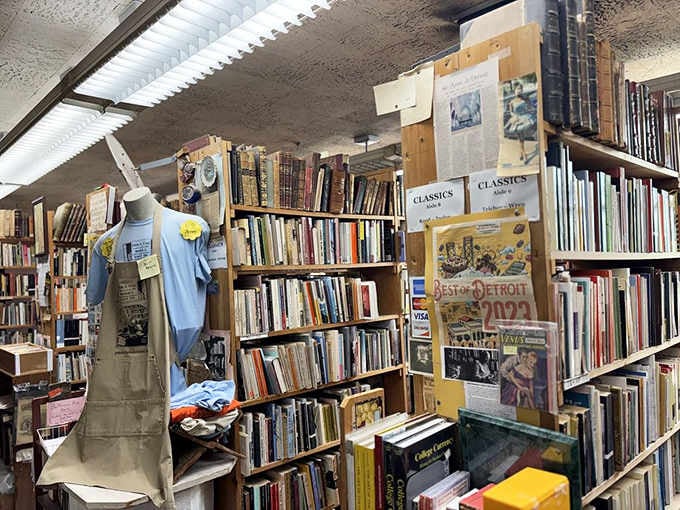Classic literature and Detroit memorabilia share shelf space in this beautifully curated corner of bibliophile heaven.