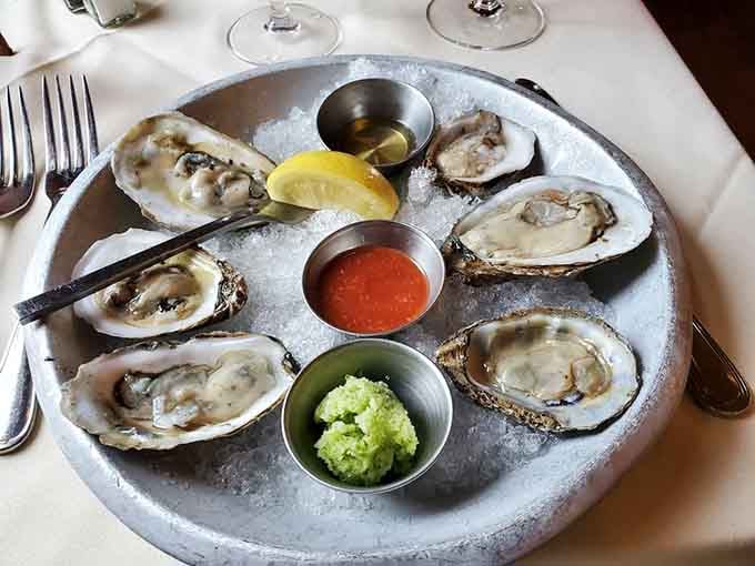 Fresh oysters on ice, nature's perfect appetizer, served with all the traditional accompaniments your heart could desire.