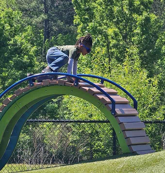 This arched climbing bridge tests balance and bravery, turning every crossing into a miniature hero's journey for determined little adventurers.