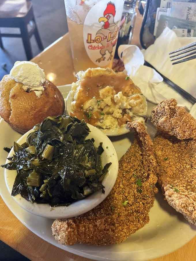 Crispy catfish with collard greens and cornbread proves that chicken isn't the only star in this kitchen.