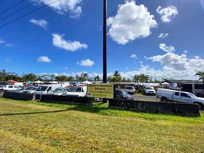 Maku'u Farmers Market parking &ndash; where locals gather every Sunday to swap produce, gossip, and volcanic eruption updates.