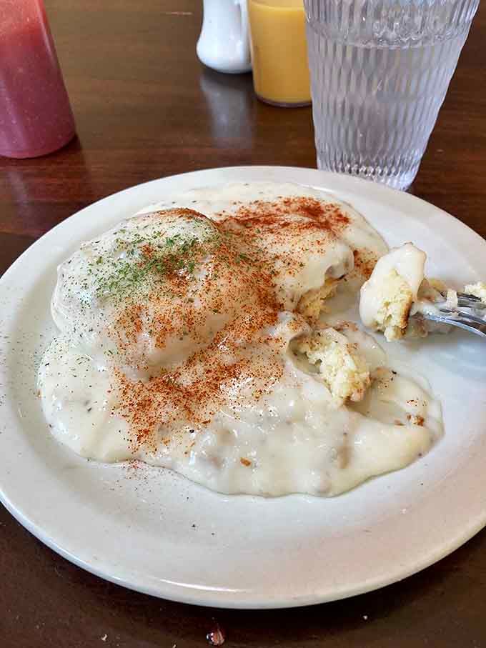 Biscuits and gravy so generous they've achieved their own gravitational pull on the plate below them.