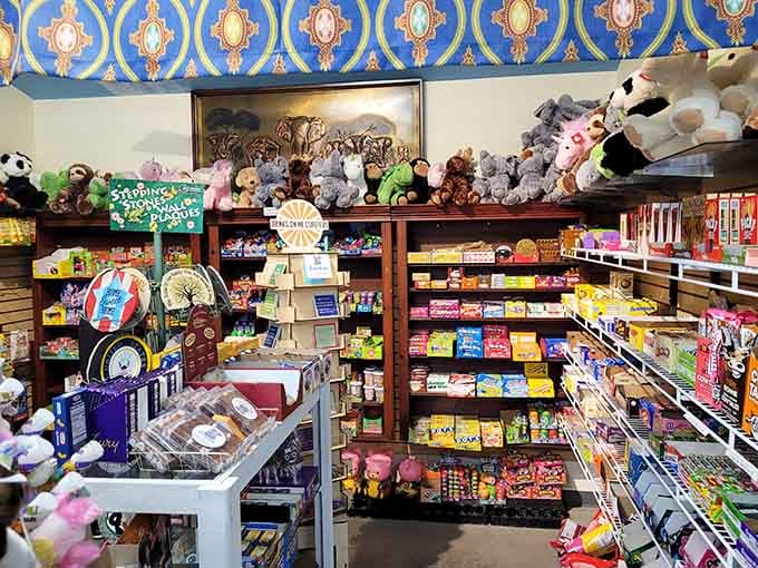 Stuffed animals perch atop shelves stocked with classic candies, creating the ultimate childhood fantasy come to life.