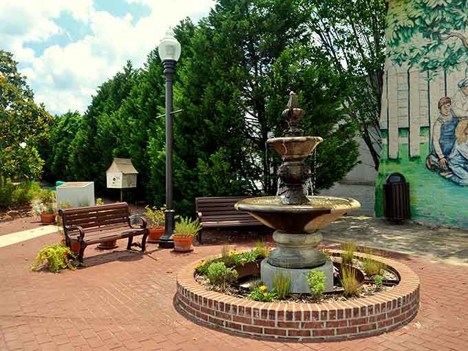 A fountain bubbles peacefully in this charming downtown spot, the perfect place to rest your feet and people-watch.