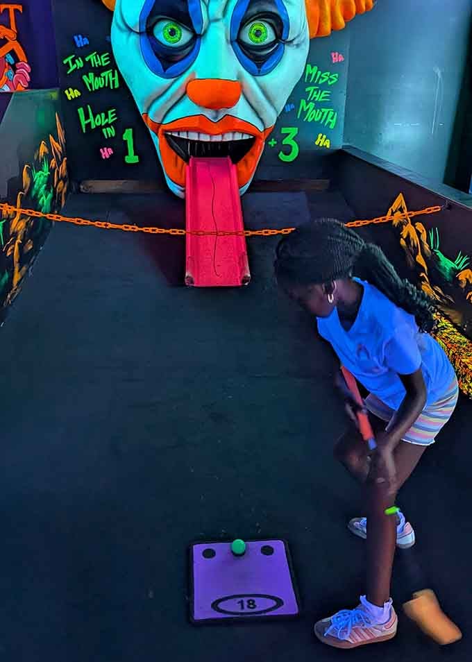 This grinning clown face doubles as a ramp, because why should mini golf make any sense?