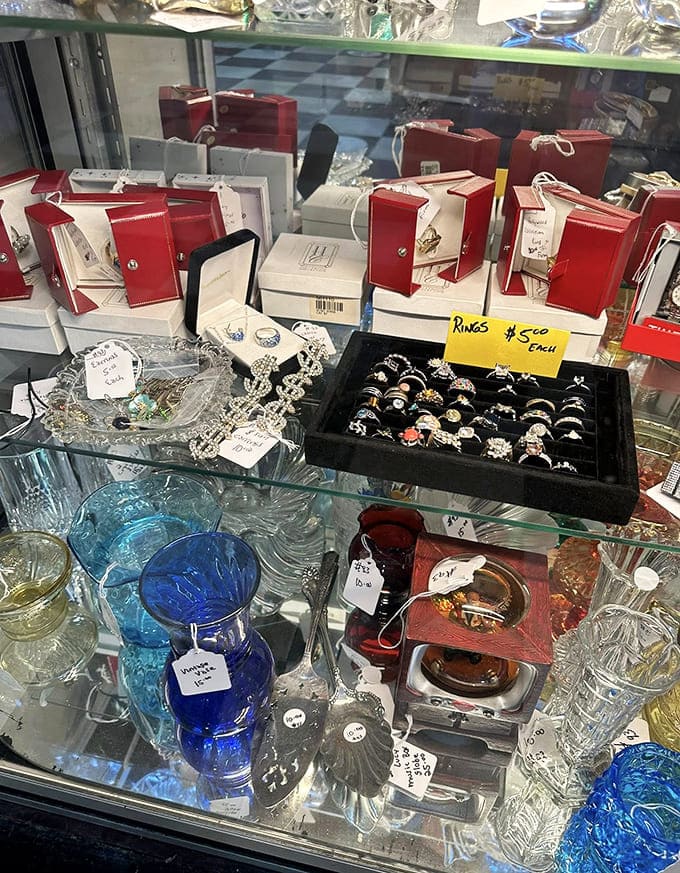 Vintage jewelry boxes overflow with sparkle and stories, each piece a tiny time capsule of style.