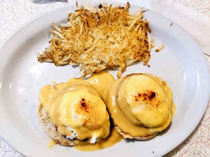 Eggs Benedict with hash browns proves breakfast doesn't need to apologize for being indulgent, especially with hollandaise involved.