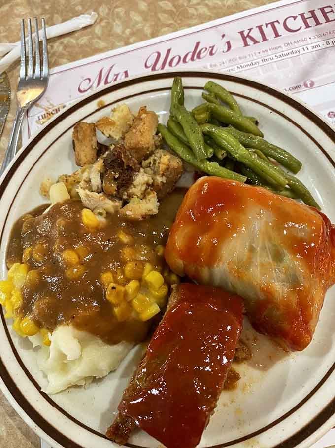 Wedding chicken with dressing, green beans, and enough gravy to make everything right with the world again.