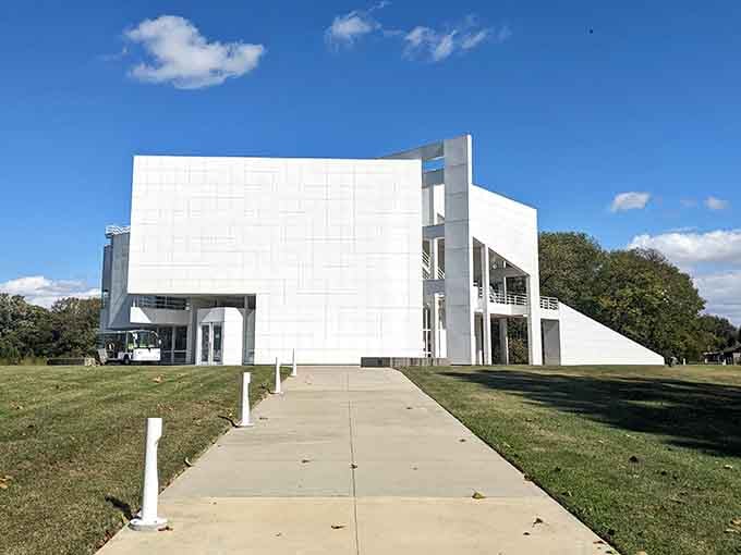 The Atheneum's stark white modernism looks like it landed from the future in this historic river town.
