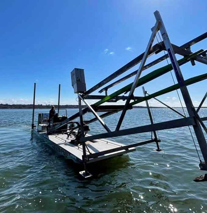 Even the boat lifts look ready for adventure on Big Stone Lake's sparkling blue waters.