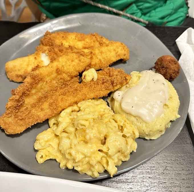 Fried flounder with all the fixings: this is what happiness looks like on a plate.
