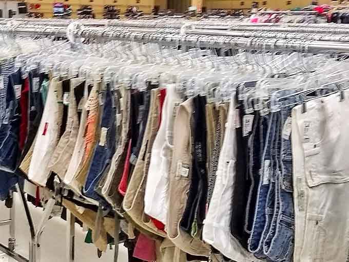 The denim rainbow offers every shade and style imaginable, proving that the perfect pair of pants is just waiting for your discovery.