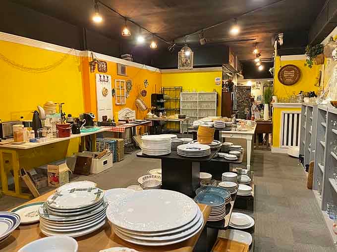 Bright yellow walls and endless dishware create a cheerful maze where your next favorite serving platter is definitely hiding somewhere.