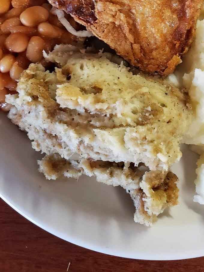 Homestyle dressing that puts the "comfort" in comfort food, sitting alongside crispy broasted chicken that's worth the drive from three counties away.