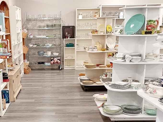 Dishware displays so pristine you'll forget you're shopping secondhand until you check the prices.