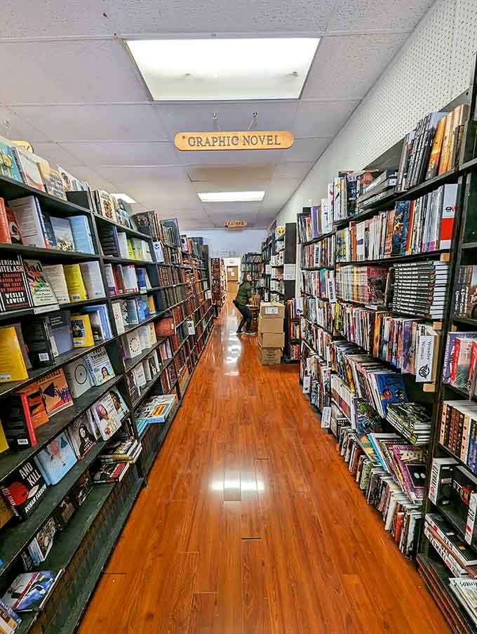 These aisles stretch like literary hallways where time disappears faster than your reading resolution every January first.