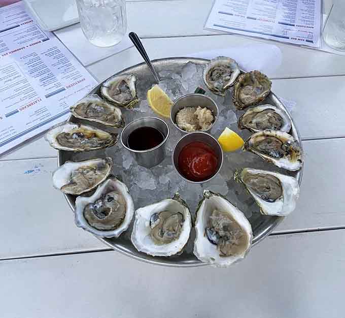 Fresh oysters on ice with all the fixings &ndash; the ocean's greatest hits, served cold and perfect.