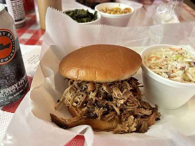 Pulled pork piled this high should probably require an engineering degree to eat without making a mess.
