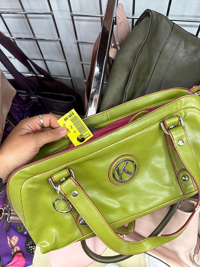 That lime green leather bag proves someone's bold fashion choice from yesterday could be your statement piece for tomorrow.