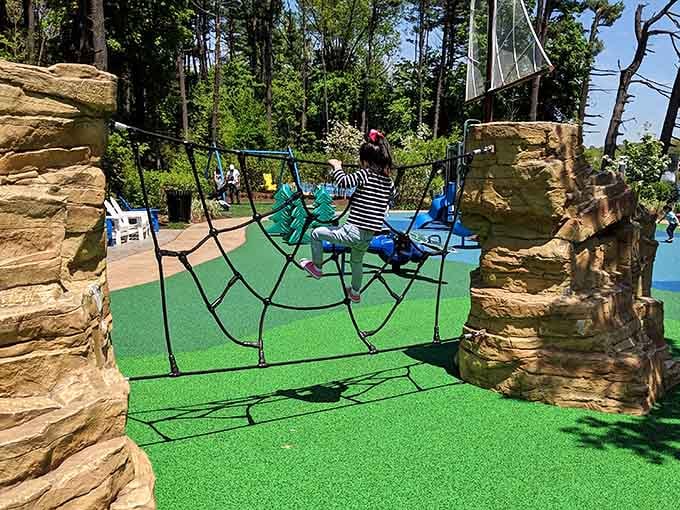 Rope climbing structures challenge young adventurers while parents appreciate the soft landing surface below everything.