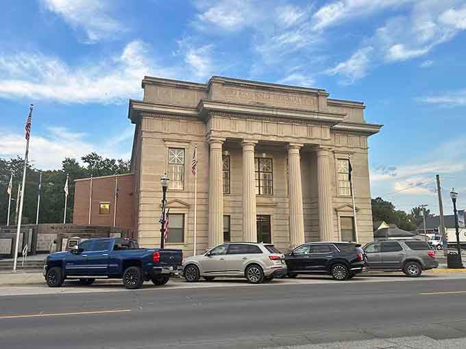 The Atchison Memorial Building commands respect with those grand columns, like a Greek temple dropped into small-town Missouri.