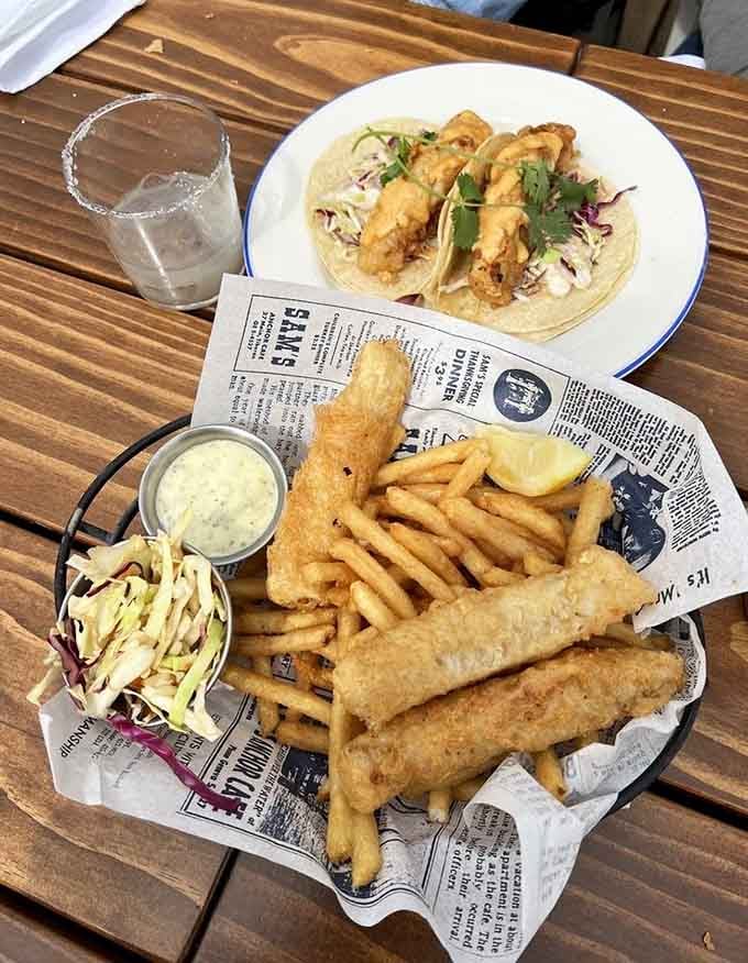 Double the pleasure with perfectly battered fish and chips alongside vibrant Baja fish tacos bursting with fresh flavors and color.