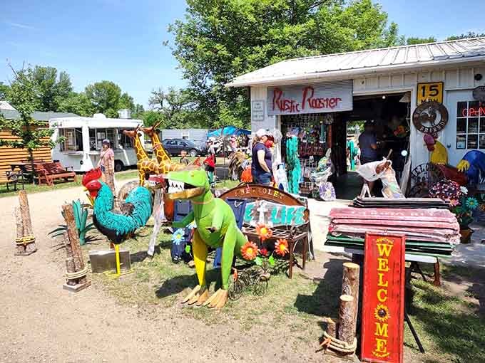 Colorful metal roosters stand guard over this vendor's treasures, proving yard art never really goes out of style.