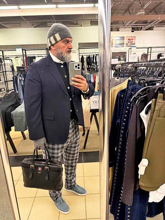 The mirror moment of truth: when you realize those plaid pants actually look fantastic with that navy blazer. Who knew?