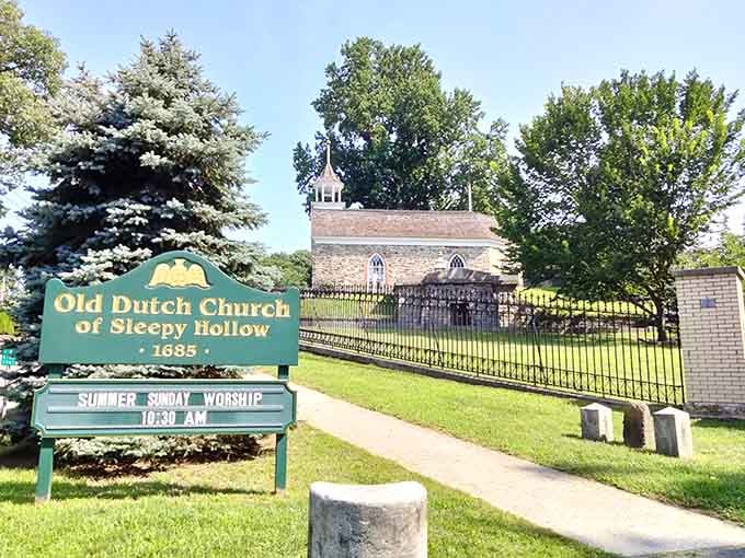 The Old Dutch Church from 1685 still welcomes worshippers, making it older than your great-great-great-grandparents' complaints.