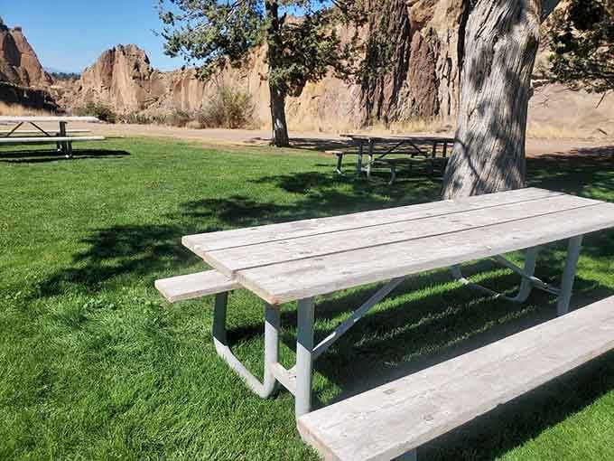 Picnic tables with million-dollar views, where your sandwich tastes better when surrounded by towering volcanic rock formations.