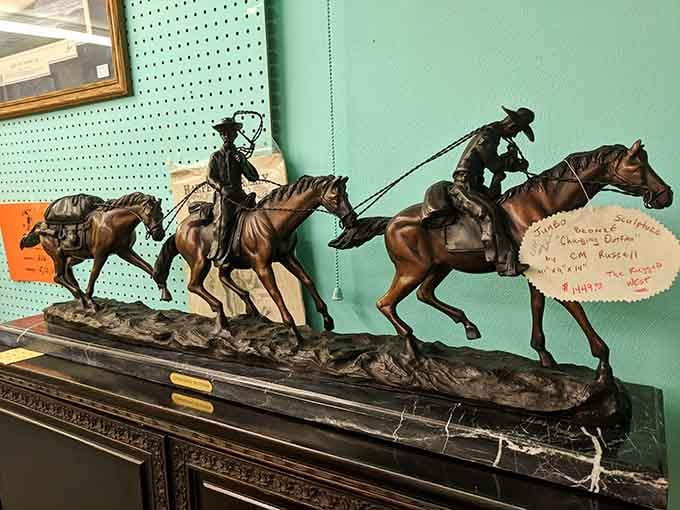 Bronze cowboys frozen mid-gallop, capturing the Wild West spirit that never quite left the American imagination.