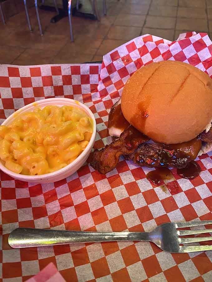 This burger means business, stacked high with all the fixings and a side of comfort.