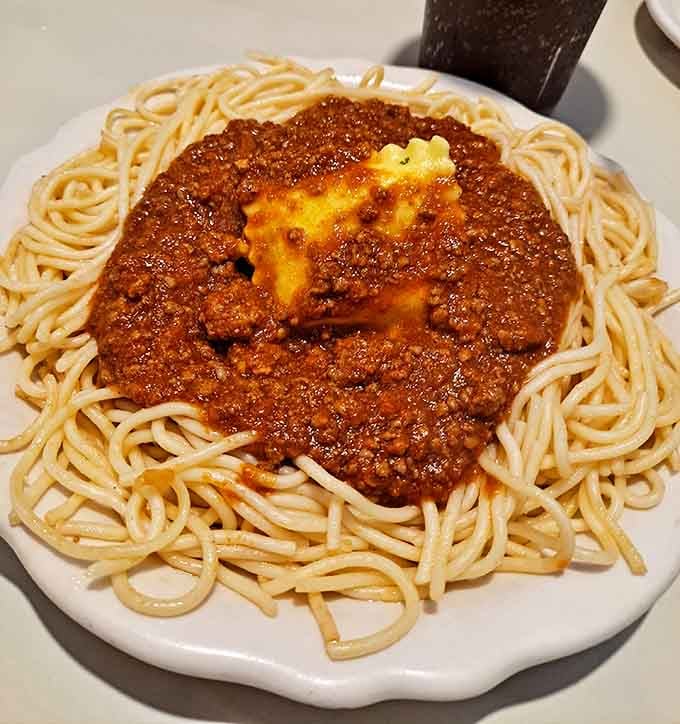 Spaghetti with meat sauce&mdash;the restaurant's namesake dish delivers with a generous portion that would make any Italian grandmother nod in approval.