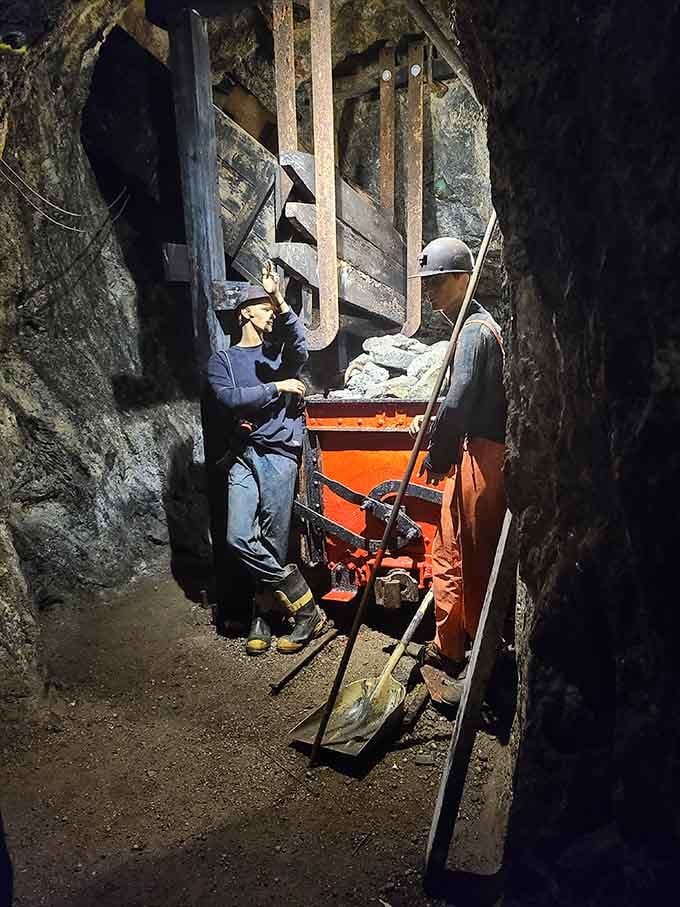 Life-size miner displays showing the real deal, because someone had to dig all this out by hand.