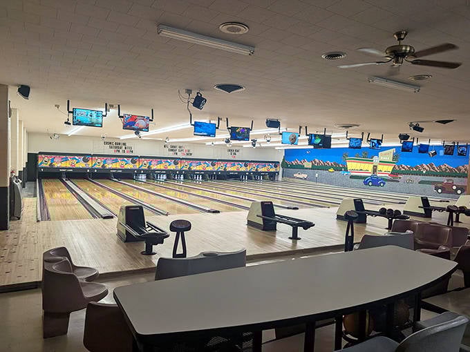 Sunset Lanes proves bowling never goes out of style. In Ely, striking up conversation is as easy as striking down pins&mdash;and the shoes are just as stylishly questionable as everywhere else.