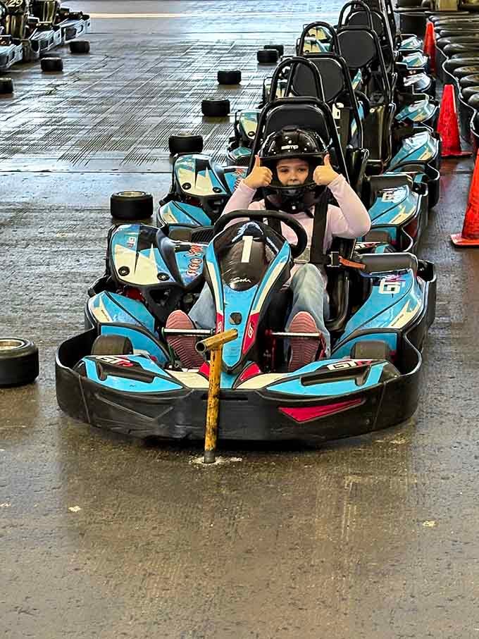 Future racing champion in training, proving that age is just a number when it comes to speed thrills.
