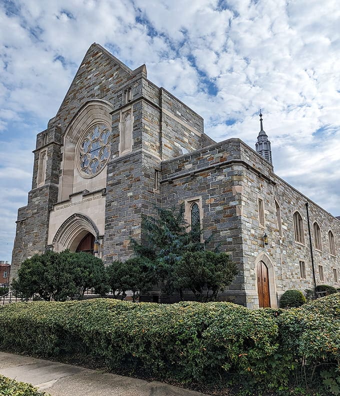 This stunning stone church anchors the community with architecture that demands you slow down and appreciate craftsmanship.