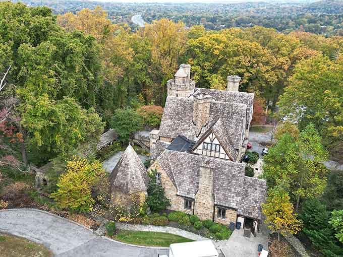 An aerial view reveals this isn't some facade, it's a full-blown castle hiding in suburbia.