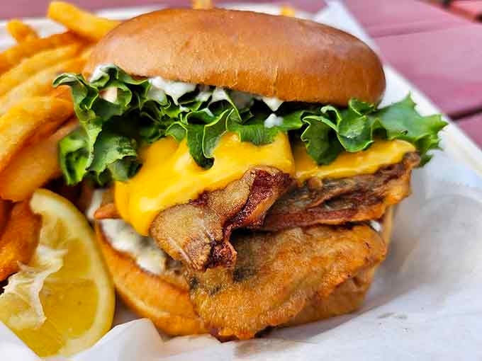 Deep-fried oysters, bacon, cheese, and all the fixings create a burger that redefines what seafood can be.