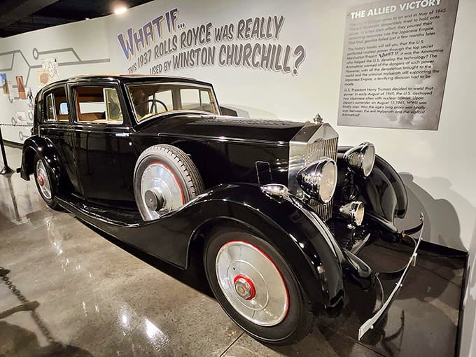 This gleaming Rolls Royce raises questions about Churchill that history books conveniently forgot to mention, delightfully displayed with intrigue.