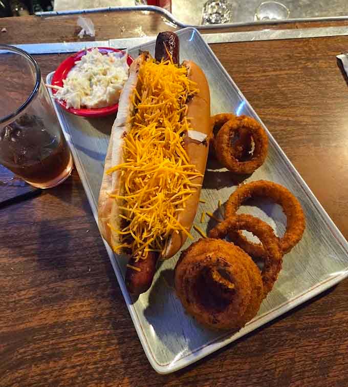 Even the hot dogs here refuse to be modest, arriving buried under enough cheese to sink a ship.