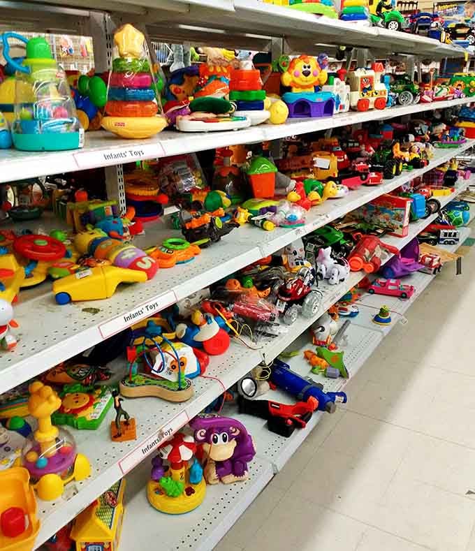 Childhood joy recycled and ready for new adventures. This toy section is where plastic dinosaurs and purple monkeys await their next imaginative owner.