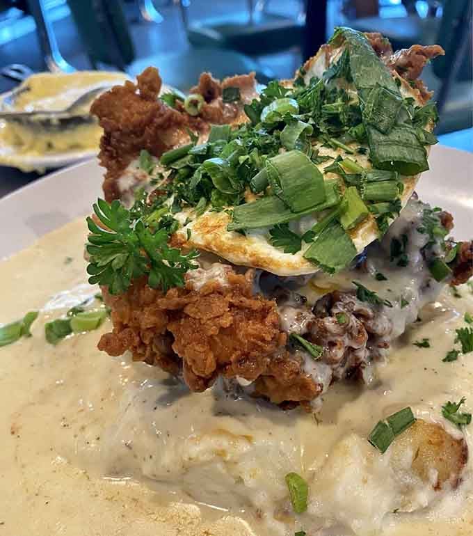 Country fried chicken smothered in gravy that could make a vegetarian reconsider their entire life philosophy for a moment.