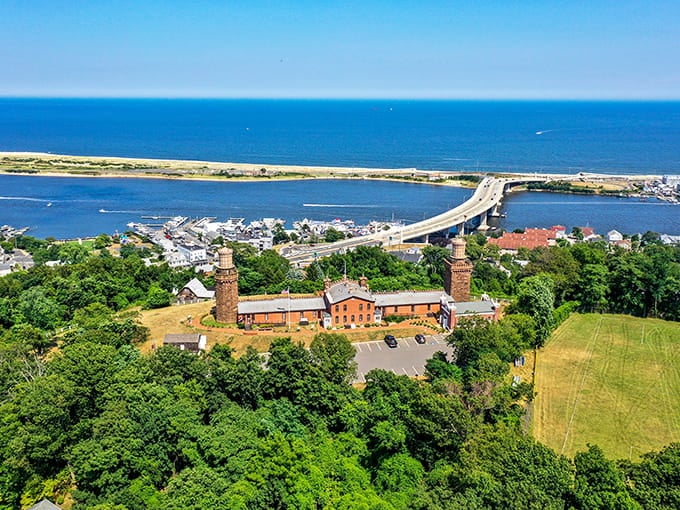 The Sandy Hook peninsula curves below like nature's own highway, visible from this spectacular vantage point.