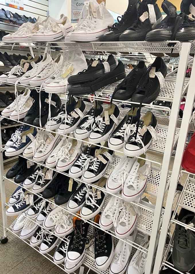 Rows of sneakers that never made it to their intended marathons, vacations, or casual Fridays at the office.