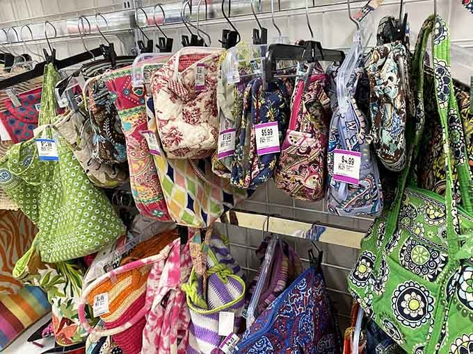 Vera Bradley bags lined up like colorful soldiers, proving that quality accessories don't need to cost a month's grocery budget.